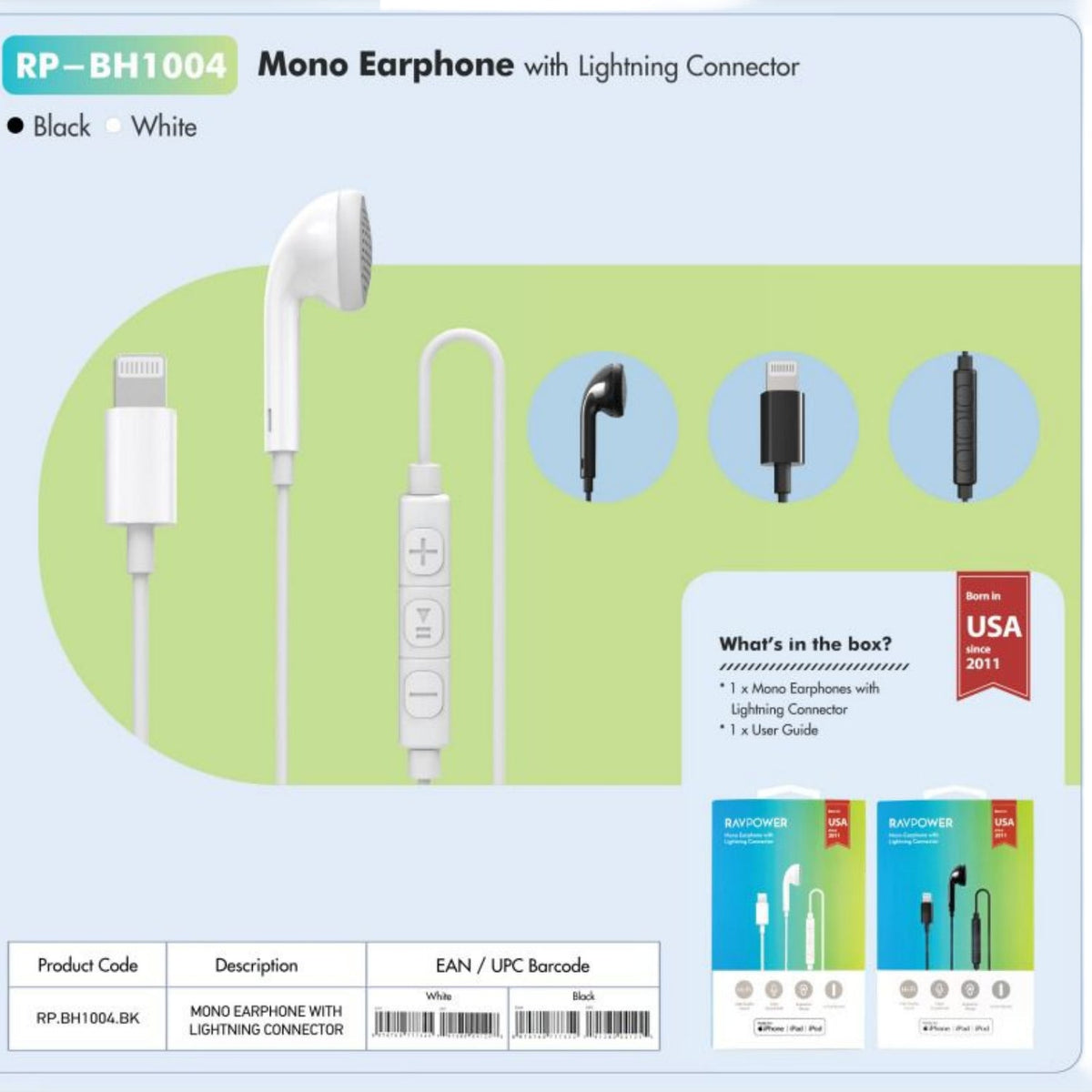 RAVPower Mono Earphone With Lightning Connector RP-BH1004