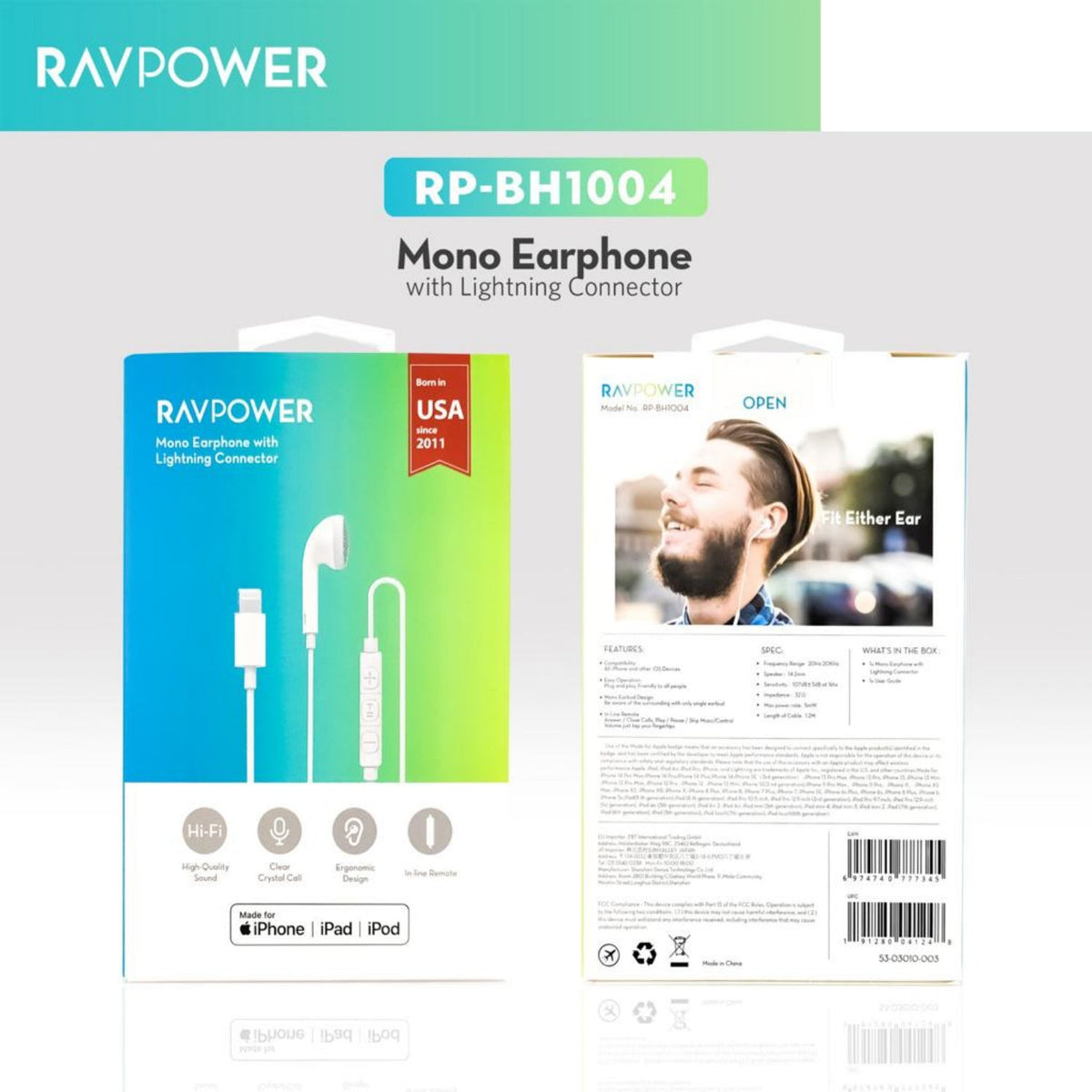 RAVPower Mono Earphone With Lightning Connector RP-BH1004