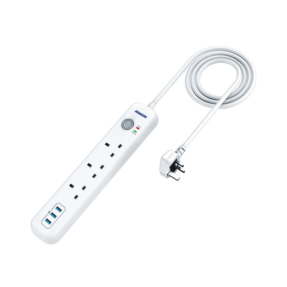 REMSON Surge Protector 3 USB 3 AC Power Strip 3m Cable - White